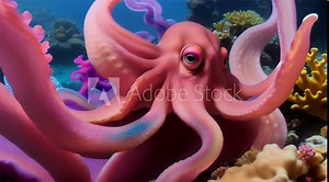 Octopus gracefully navigating through a vibrant underwater world of coral reefs, surrounded by colorful marine life