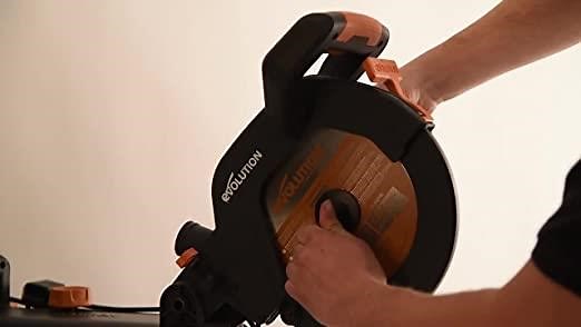 Evolution Power Tools R255SMS+ Compound Saw with Multi-Material Cutting, 45° Bevel, 50° Mitre, 300