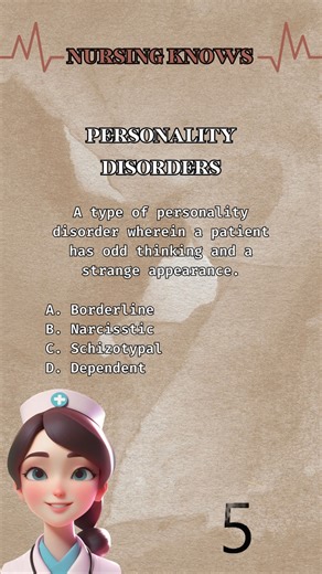 Nursing quiz 🩺 📌 PERSONALITY DISORDERS | 💊 Comment down your answers and score! 🌟 You can support us by sending stars! 📍 Check out some other nursing quizzes! Link: https://www.facebook.com/nursingknows/videos 📍 Subscribe to our FB page by clicking the link below: https://www.facebook.com/becomesupporter/nursingknows/ Don't forget to follow and like our page ❤ #fypシ゚viralシ #NursingKnows #fypシ゚s #nurses #nursing #nurselife #nursingschool #nursingstudent #medical #medicalschool #medicalstude