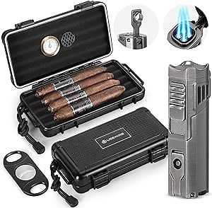 Cigar Travel Humidor and Cigar Lighter Set, Portable Travel Cigar Case with Humidifier, Hygrometer, Cigar Lighter, Cigar Cutter, Travel Humidor Holds 4-5 Cigars, Cigar Gift Set (Black)