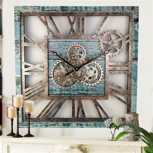 THE GEARS CLOCK Wall Clock with Real Moving Gears AM-LI_ 24 in Square Aqua-Green