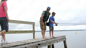 Family fishing on a pontoon