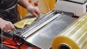 Woman in cellophane gloves on her hands wraps two toasted ready pancakes without filling on plastic plate in thin film using packaging machine for sell