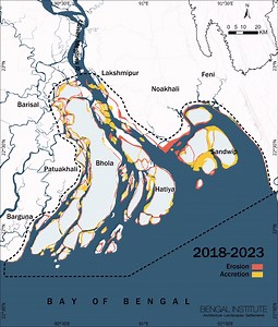 BI/GRU RESEARCH LOGS GEOMORPHOLOGICAL CHANGES IN THE MEGHNA RIVER ESTUARY The Meghna Estuary, situated where the mighty Ganges, Brahmaputra, and Meghna rivers converge with the Bay of Bengal, is one of the most dynamic coastal environments in the world. The discharge through these rivers carries nearly a billion tons of sediment each year. Shaped by the constant interplay of river flow, sediment dynamics, tidal activities, and wave actions, this estuary is an ever-changing landscape spanning nea