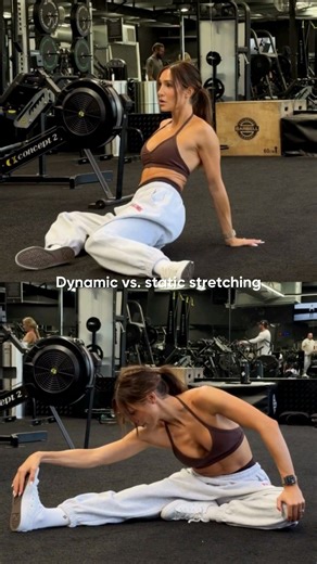 Sweat App on Instagram: "Dynamic warm-up vs. static stretching, do you know the difference? 👇 Dynamic warm-up (before you train): 👉 Gets your body ready to move, with movements such as leg swings, squats, arm circles 👉 5–10 minutes of steady, controlled movement 👉 Targets big muscle groups like hips, glutes, hamstrings, quads, shoulders Static stretching (after you train): 👉 Slow, longer holds to recover & improve flexibility 👉 Best done once your muscles are warm 👉 Hold each stretch for 