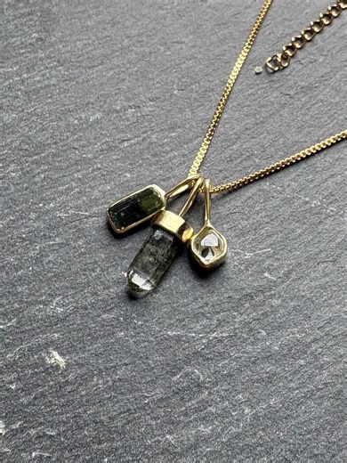 Green Tourmaline Chlorite Quartz & Herkimer Diamond Necklace | Healing Crystal Jewelry | Raw Crystal Pendant | Handmade Jewelry - Etsy