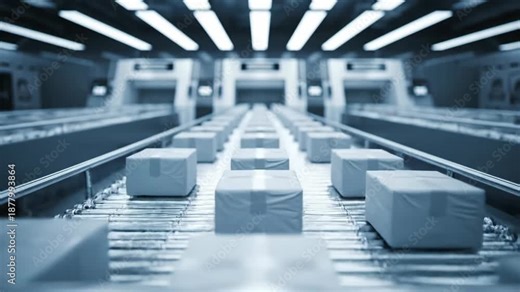 Automated warehouse system with boxes on conveyor belt for distribution and technology, conveying manufacturing process.