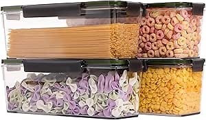 Horizontal Rice and Pasta Storage Containers, Set of 2 (5.2L) Airtight Kitchen Containers with Lids for Spaghetti, Crackers, Chips, Flour, and Noodles, Mouse-Proof Design