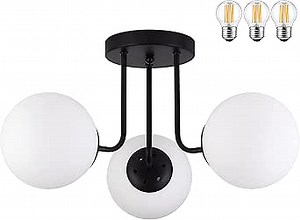 KoKo&Yukina 3-Light Semi Flush Mount Ceiling Light Globe Lights Mid Century Ceiling Light with Opal Milk Glass Globe & Matte Black for Bedroom Hallway Entryway Kitchen Living Room (Bulb Incl.)