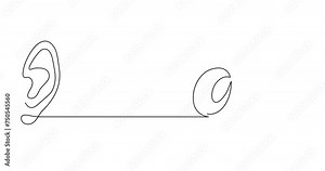 Headphones and ear one line art animation,hand drawn hearing device gadget continuous contour motion.Listening music wireless online concept,technology for audition outline.4k self-drawing movie