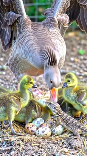 The goose is crying for help because a lizard is attacking her nest!
