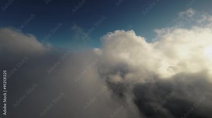 Sunset Aerial fpv view Real flight in the clouds first-person view from the cockpit. Cloud surfing in sunny weather. Aerial view flying through the clouds Stock Video