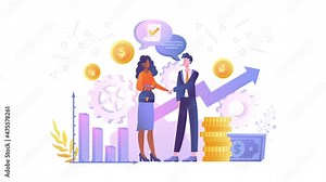 Business agreement video concept. Moving man and woman sign contract and shake hands. Pop up elements with successful partners and investors. Profit increase or collaboration. Graphic animated cartoon