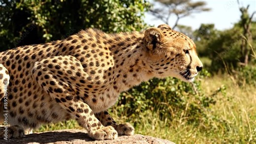 A majestic spotted wild cat crouches low, demonstrating its innate predatory instinct and powerful readiness in its natural habitat. The animal's distinctive patterned fur, indicative of its species,