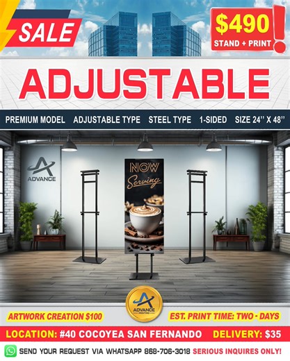 𝗦𝗔𝗟𝗘: •Banners •Sheet Signs •Display Stands 𝗪𝗵𝗮𝘁𝘀𝗔𝗽𝗽 𝗨𝘀: (868) 706-3018 𝗧𝗿𝗶𝗻𝗶𝗱𝗮𝗱 𝗗𝗲𝗹𝗶𝘃𝗲𝗿𝘆....: $35 𝗧𝗼𝗯𝗮𝗴𝗼 𝗗𝗲𝗹𝗶𝘃𝗲𝗿𝘆.....: $50 𝗪𝗮𝗹𝗸 𝗜𝗻𝘁𝗼 𝗢𝘂𝗿 𝗢𝗳𝗳𝗶𝗰𝗲 / 𝗦𝗵𝗼𝘄𝗿𝗼𝗼𝗺 • 40 Cocoyea, San Fernando, Trinidad • Google Maps: Advance Printing • Landmark: Next to Aquarium Restaurant • Opening Hours: Monday to Friday 10am-5pm 𝗪𝗲 𝗢𝗳𝗳𝗲𝗿 𝗘𝗮𝘀𝘆 𝗣𝗮𝘆𝗺𝗲𝗻𝘁 𝗠𝗲𝘁𝗵𝗼𝗱𝘀 •Linx •Cash •Online Banking •Bank Deposit Advance Printing "𝑳𝒆𝒂�