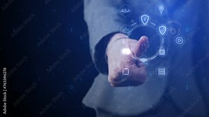 Cg symbols of digitalization of the surrounding world move around the digital fingerprint to which the female finger touches. Digital identification and protection of biometric information databases