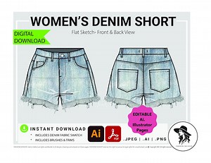 Women's Denim Short, Fashion Flat Sketch, Fashion CAD Template, Technical Drawings, Vector CAD, Digital Download, Adobe Illustrator, Drawing - Etsy