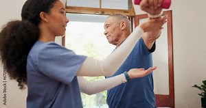 Physiotherapist, help and elderly man doing dumbbell arm exercise, muscle assessment or medical rehabilitation. Physiotherapy, wellness services and senior patient healing anatomy, recovery or physio
