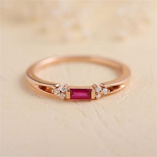 Ruby Baguette Sterling Silver Ring: Rose Gold Minimalist Stacking Ring - Etsy