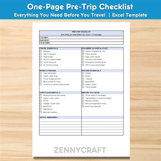 Pre-trip Checklist Printable PDF, One Page Travel Preparation List, Carry-on & Travel Essentials Planner, Excel Template for Travel Agent - Etsy