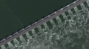 The famous Oosterscheldekering is a flood defense system in the Netherlands, aerial | Premium Stock Video Footage