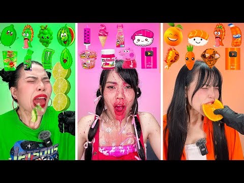PINK vs GREEN vs ORANGE FOOD | Eating Only Color Food for 24 Hours 🌷🍋‍🟩🧡