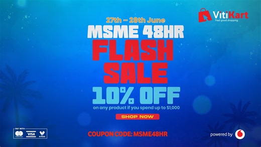14K views · 52 reactions | Support our local MSMEs and get amazing deals on our 48 hour Flash Sale from 27th - 28th June!  On World MSME Day, get 10% OFF on all orders up to $1000 only on VITIKART!  Use Code MSME48HR at Checkout!  Shop now: https://bit.ly/48Ugxff #MSMEDaySale #VitiKart #FeelGoodShopping #ShopNow #UnbeatableDeals | VitiKart | Facebook