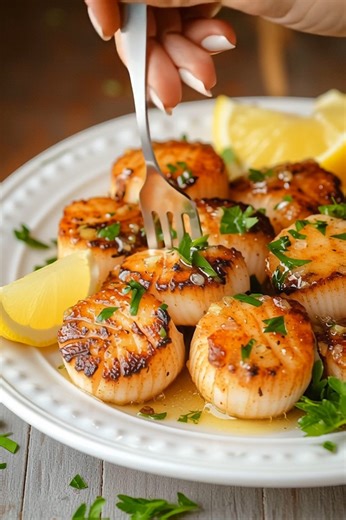 Garlic Butter Scallops are an elegant and easy-to-make seafood dish that’s perfect for impressing your guests or treating yourself to a delicious meal. With a rich garlic butter sauce and perfectly seared scallops, this dish is sure to be a hit. Here’s a recipe to create mouthwatering garlic butter scallops: Ingredients: 1 lb (about 12-16) large sea scallops 2 tablespoons olive oil 4 tablespoons unsalted butter 4 garlic cloves, minced 1 tablespoon fresh lemon juice (plus extra lemon wedges for g