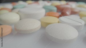 Medical tablets, pills and capsules rotating close up. White, blue and brown, round and oval assorted medicines. Vitamins, antibiotics, painkillers. Slow motion ready 59.94fps.