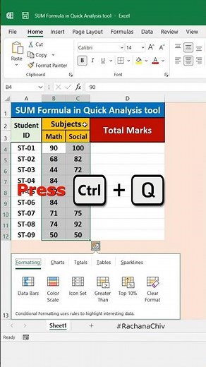 SUM Formula in Quick Analysis tool || Excel Tips & Trick || #excel #short #excelbasic