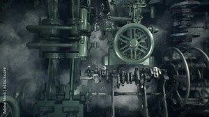 Smoky and sparkling vintage mechanisms and machines in an ancient old factory. The concept of steampunk mechanisms. The animation is perfect for vintage, fantasy and technology backgrounds.