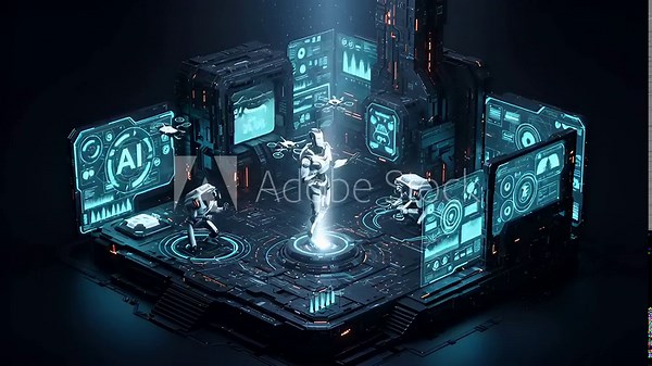 Futuristic command center with a central AI android controlling holographic data interfaces and networks