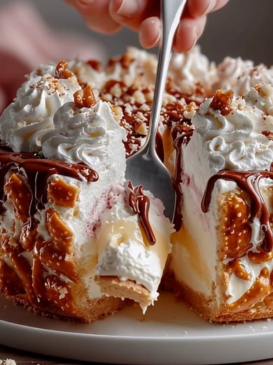 7.2K views · 240 reactions | Easy Ice Cream Pretzel Cake Hook: A crunchy-salty pretzel crust layered with creamy vanilla ice cream and sweet toppings—your new frozen dessert star! Yield, Temp & Time: Serves: 10–12 Prep Time: 20 minutes Freeze Time: 4 hours minimum ................................. Full Recipe in First Cօʍʍеոτ  | Slice of Heaven | Facebook