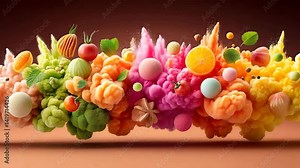 Colorful flavor explosion food concept with floating fruits, flavor explosion bursting with vibrant food elements, and abstract flavor explosion in 3D surreal food design,3D food .