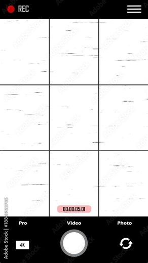 Vertical Recording Interface – Transparent Alpha Channel with VHS Noise Screen. Vertical camera interface with smartphone overlay, 4K , HD resolution, HDR screen, battery indicator, and alpha channel