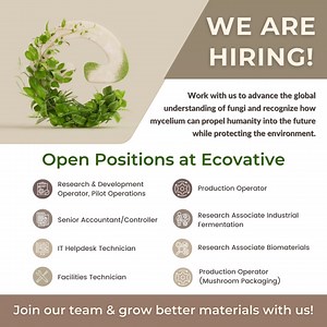 New Year, New Career! Our mission is to recognize the potential of mycelium, and grow better materials that will support a more sustainable planet for all of us. Join our dedicated team in helping us in advance the global understanding of fungi today 👉 https://bit.ly/3CuY7oh #biomaterials #sustainability #biotech #sustainablebusiness #itjobs #researchanddevelopment #technician | Ecovative