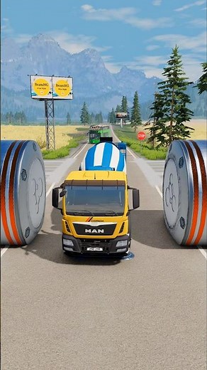 Long City Buses & Cement Truck vs Hydraulic Crush - BeamNG.drive #shorts #beamngdrive