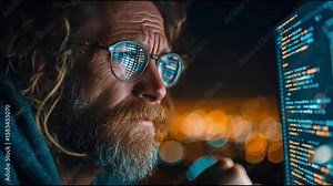 Rear view of a programmer coding intensely on dual monitors at night in a cozy room, filled with focus and digital glow