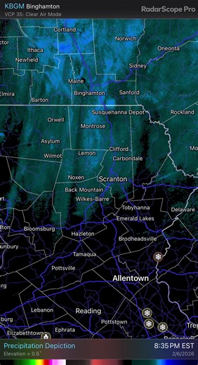 I’ve heard a few times tonight that “the radar shows the snow breaking up”. Not exactly. Tonight’s snow is like a very fine sand, not the big ol’ dendrites. This isn’t picked up nearly as well on radar. Also, Radar quickly shoots over the top of the shallow clouds. All of this makes it look like it’s not snowing on a “crap app” composite radar. However, single site radar apps, such as RadarScope, help paint the picture a little better. The reality is, light to moderate snow is falling and is exp