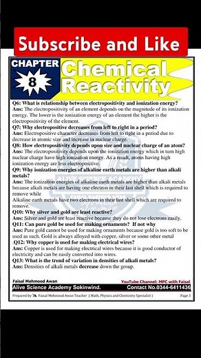 Class 9th Chapter 8 Chemical Reactivity Exercise McQ's & Short Questions | Chemistry