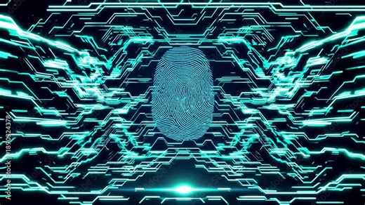 Fingerprint scan in digital frame. Cyber system activates identity. Biometrics scan glows with data lines. Digital fingerprint inside cyber technology. Identity and data system in motion.