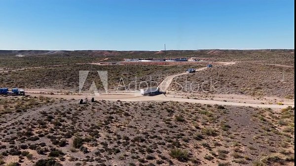Vaca Muerta, Argentina, October 18, 2025: Aerial view of unconventional oil and gas extraction (shale oil) in Añelo, Neuquén. Fracking equipment.