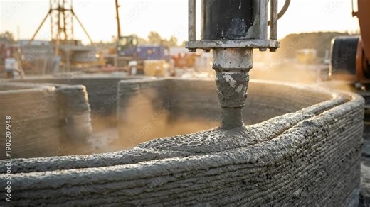 Industrial 3d printer extruding concrete in layered passes to form a building foundation at a construction site, sunset backlight highlighting innovative additive manufacturing process