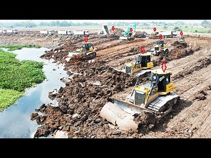 Wow!! Super Operator Bulldozer Moving Rolling Dirt Mud Huge Swamp Landfill Dump Truck Unloading
