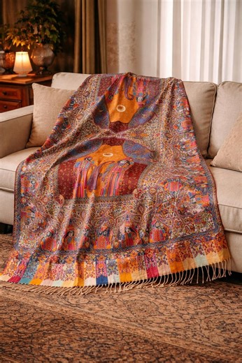 Kalamkari Inspired Pashmina Style Shawl | Royal Mughal Art Wrap | Multicolor Paisley & Figurative Embroidered Shawl. - Etsy