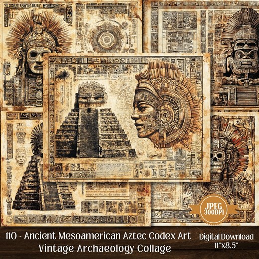 Ancient Mesoamerican Aztec Codex Art | Tribal Mask Illustration | Vintage Archaeology Collage | Antique Manuscript Printable | 110 JPG - Etsy
