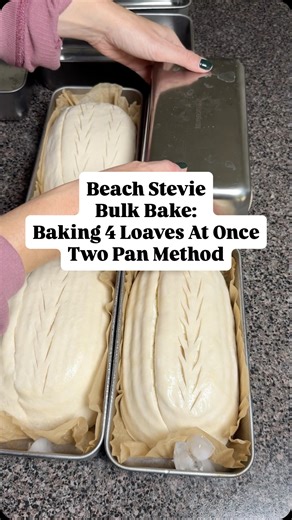 Lindsay Alexandra on Instagram: "How do I bake 4 loaves in my oven at once? Two pan method, baby! These pans fit perfectly on top of each other and give me a gorgeous crust every time. ✈️ How? Pan liners, ICE!, mist with water, preheat that cooking steel & score in the pan! I typically preheat my oven with my cooking steel inside for at least an hour to 450F and then bake my loaves 25 minutes with the lid on and 10-15 minutes with the lid off. Sometimes they need an extra minute or two directly 