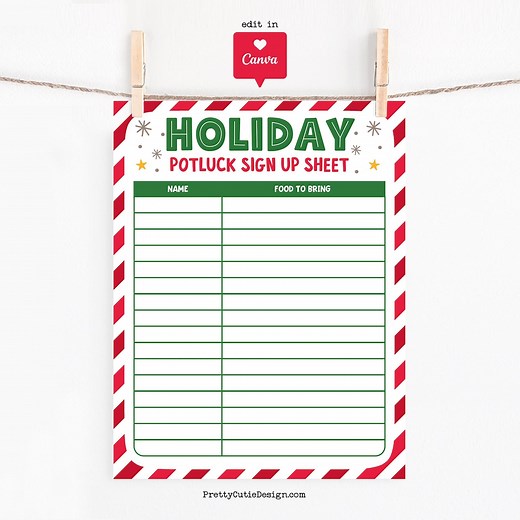 Holiday Potluck Sign up Sheet, Canva Template, Christmas Party Food List Printable - Etsy