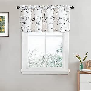 VOGOL Leaves Pattern Valances for Living Room, Linen Textured Short Curtain for Cafe Kitchen, Country Style Light Filtering Drapes with Rod Pocket Top, 1 Piece, L 18 x W 42