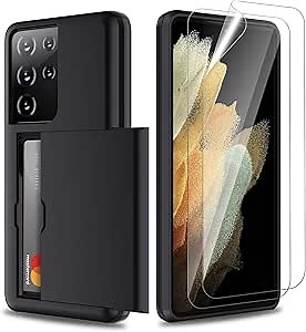 ZUSLAB Wallet Case Compatible with Samsung Galaxy S21 Ultra 5G, Phone Case with Card Holder, Shockproof Bumper Anti-Scratch Cover, with TPU Screen Protectors 【x 2 Pack】 Black